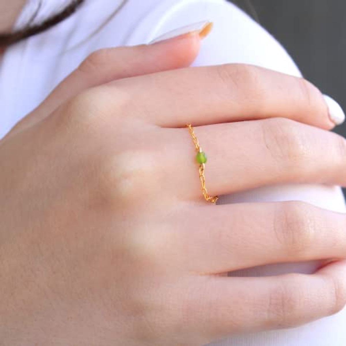 JULJEWELRY Jade Ring Gold filled Handmade Cute Pinky Chain Ring For Women, Green Jewelry Stackable Midi Crystal Real Jadeite Celestial Minimalist Rings Size 4-12
