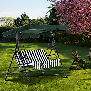 MCombo 2-3 Person Patio Swings with Canopy, Outdoor Porch Swing Chair with Steel Stand, Removable Cushions, for Backyard Garden Balcony 4008 (Green with White Stripes)