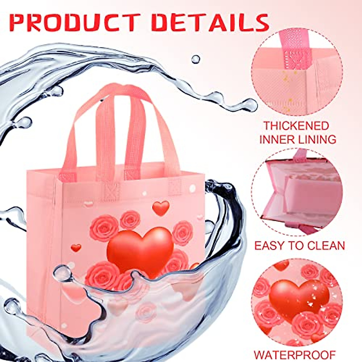Valentines Day Gift Bags Reusable Shopping Bag Heart Rose Valentine Tote Bag Non Woven Treat Bags with Handles for Valentine's Day Wedding Party Supplies Gifts Wrapping, 9 x 8.7 x 4 Inch (16 Pieces)