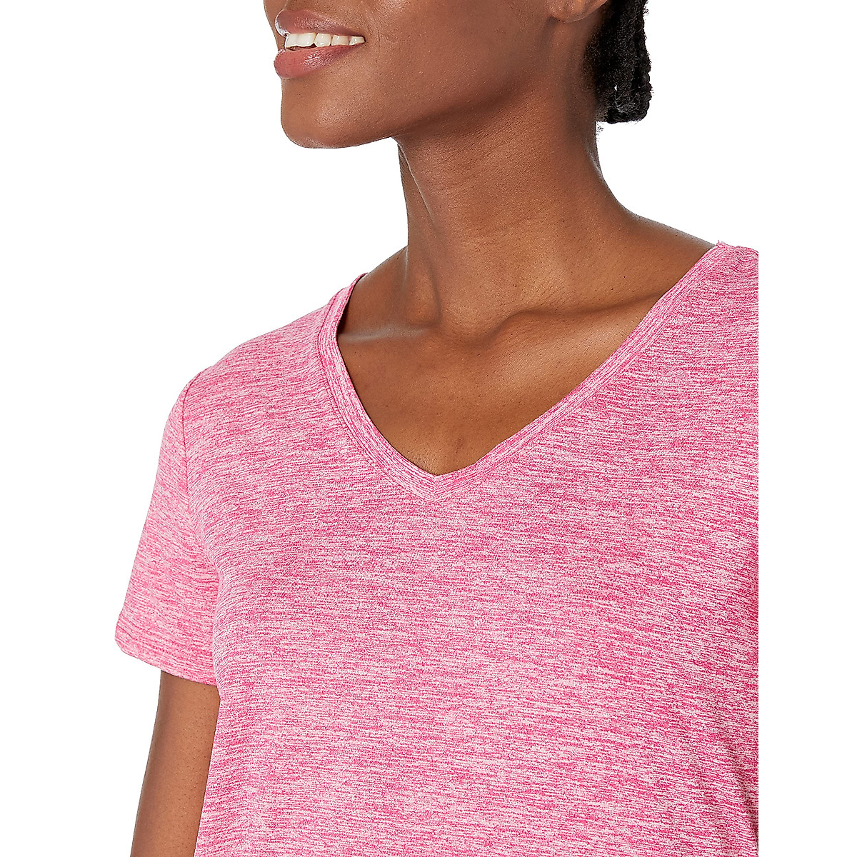 Amazon Essentials Women's Tech Stretch Short-Sleeve V-Neck T-Shirt (Available in Plus Size), Pack of 2, Charcoal Heather Space Dye/Raspberry Red Space Dye, X-Large