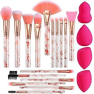 DUAIU Professional Makeup Brushes Set 16PCS Marble Handle with 4PCs Sponge Blenders Foundation Brushes Eyeshadow Brush Lip Brush Silicone Face Mask Brush Make Up Tool