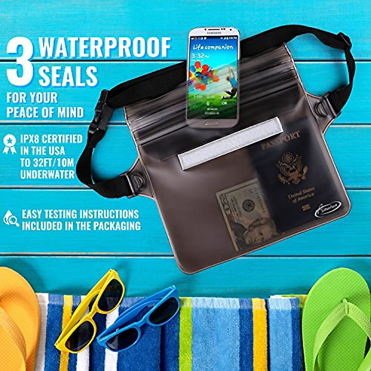 AiRunTech Waterproof Pouch | Way to Keep Your Phone and Valuables Safe and Dry | for Boating Swimming Snorkeling Kayaking Beach Pool (2 Phone Cases(Green + Pink) + 2 Fanny Packs(Black+Gray))