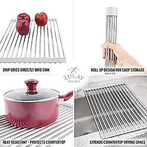 Zulay Kitchen 17.5" Multipurpose Roll Up Dish Drying Rack & Trivet - Heavy Duty, Silicone-Coated Stainless Steel Roll Up Rack, Rolls Out Over Any Sink - Versatile Roll Up Sink Drying Rack