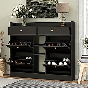 Shoe Rack Storage Cabinet with 4 Flip Drawers, Multifunctional Shoe Cabinet Slim Modern Shoe Storage Organizer with 2 Drawers for Entryway Hallway Furniture Doorway, Up to 26 Pair of Shoes, Black