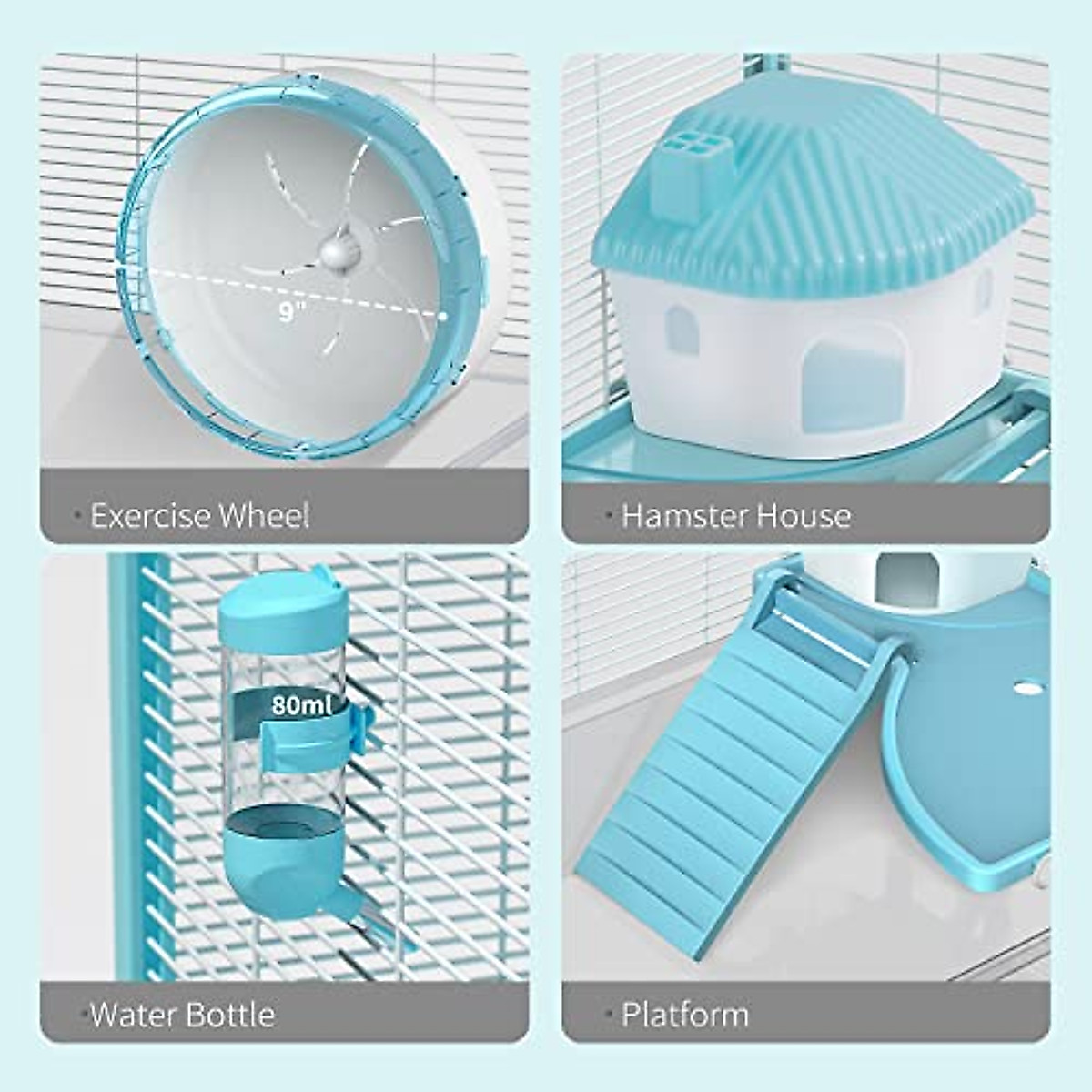 Large Hamster Cages and Habitats Small Animal Cage for Syrian Hamster (Sky Blue + Transparent Base)