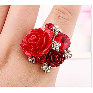 Women's Rose Gold Plated Flower Rings Colorful Crystal Statement Rings Wedding Band Engagement Ring - Red