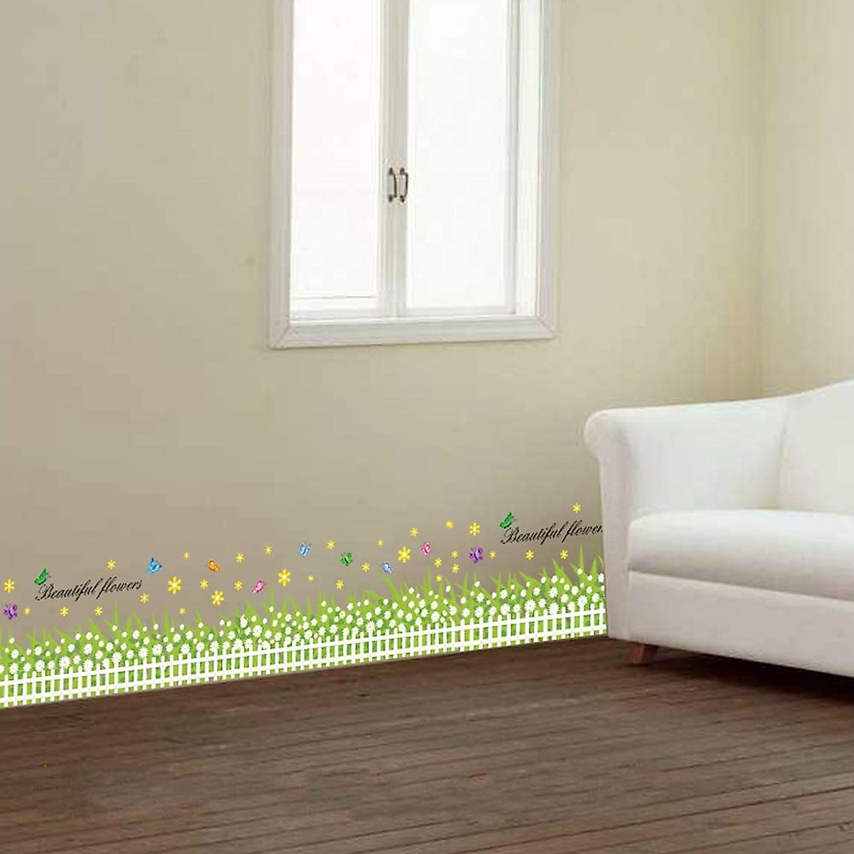 BIBITIME Garden White Fence Flower Green Grassland Borders Stickers Beautiful Butterfly Wall Decal for Kitchen Living Room Nursery Bedroom Kids Room Decor Home Art Mural