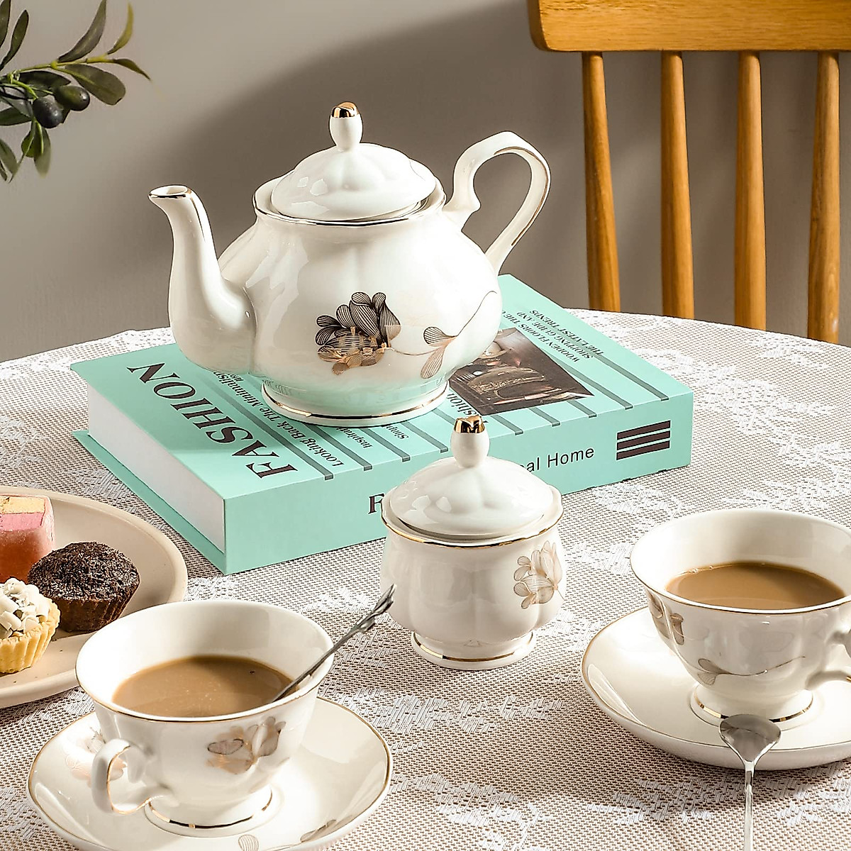 CHENP.HMC Tea Sets 22-Piece Porcelain Ceramic Coffee Tea Gift Mother's Day Sets Teapot and Cup Set Cups Saucer Service for 6 Teapot Sugar Bowl Creamer Pitcher and Ceramic Coffee Tea Gift Sets