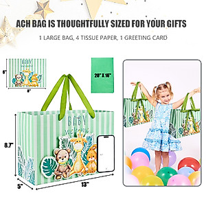 JOHOUSE Baby Gift Bag, 13" Green Gift Bag with Tissue Paper Ribbon Handle and Greeting Card for Gender Reveal Party Baby Shower Newborn 1st Birthday