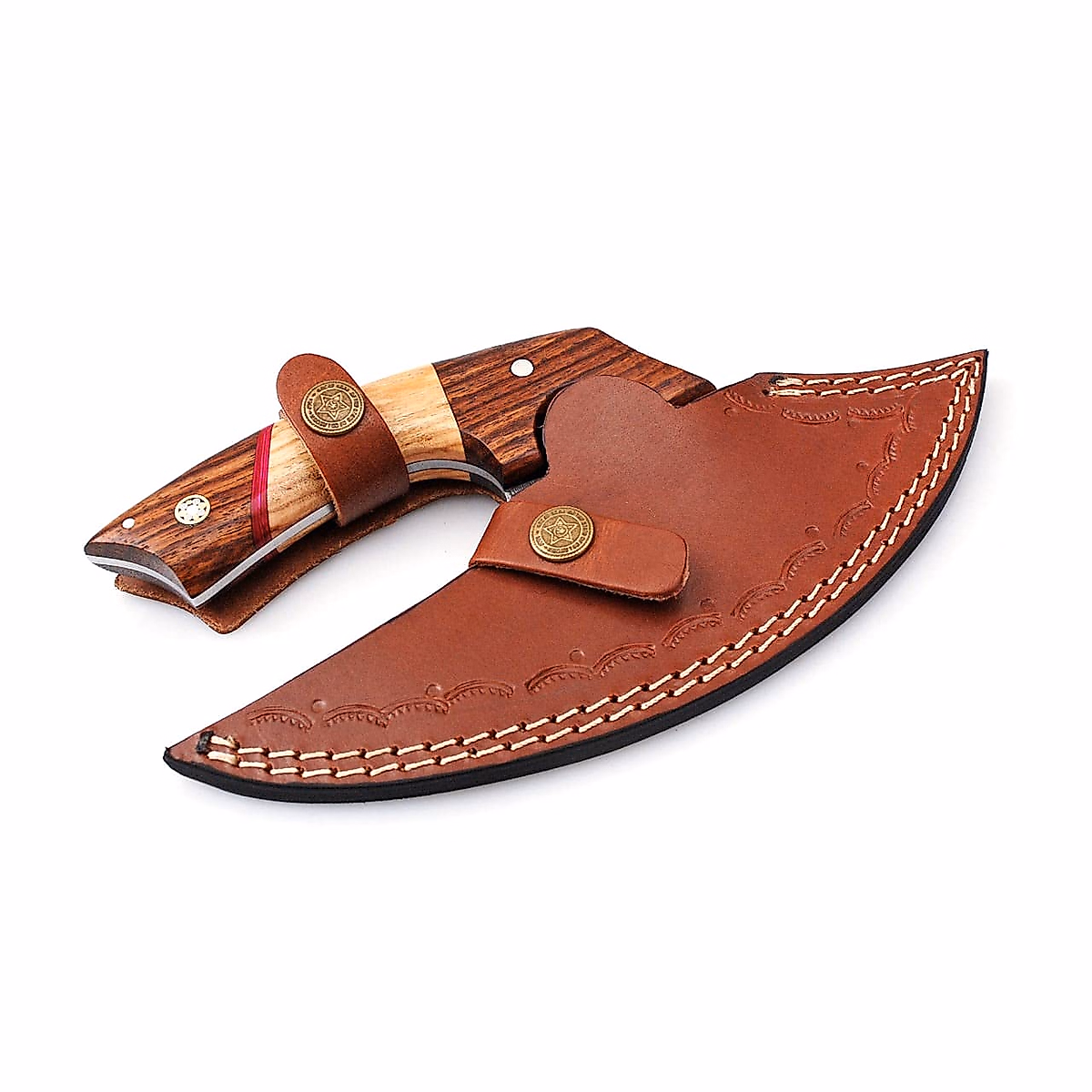 Bushcraft Custom Handmade Damascus Steel Ulu Knife - Best Alaskan Damascus Ulu Knife With Sheath - Multi-Purpose Damascus Knives For Skinning, Hunting, Chopping, (Rose Wood & Olive)