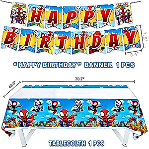 Spider Birthday Party Supplies, Cartoon Spider Party Decorations Set Include Banner,7+9inch Plates,Table cover,Cake topper,Cupcake topper,Paper cups,Straws, Fork,Spoon,Knives,Napkins,Gift bags,Balloons.