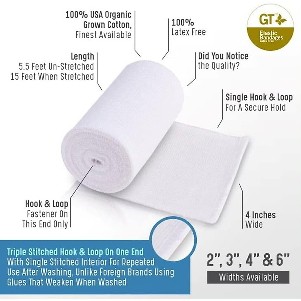 Premium Elastic Bandage Wrap (3" Wide, 6 Pack) - Made of USA Grown Cotton - Hook & Loop Fastener at One End - GT Latex Free Hypoallergenic Compression Roll for Sprains & Injuries