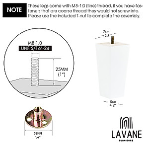 La Vane 6 inch Wooden Furniture Legs, Set of 4 Solid Wood Square White Mid-Century Modern Replacement Bun Feet with Pre-Drilled 5/16 Inch Bolt & Mounting Plate & Screws for Couch Sofa Armchair