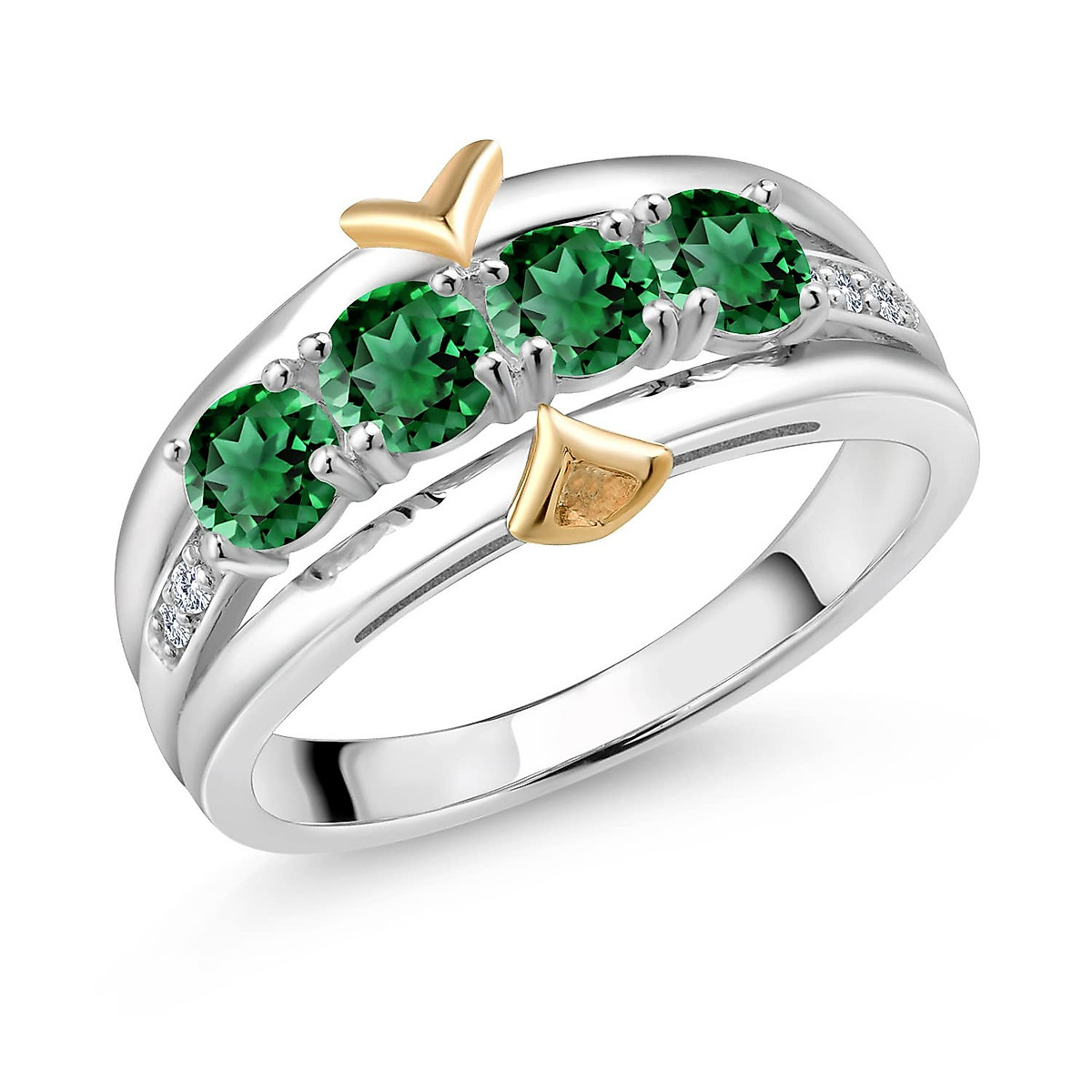 925 Sterling Silver and 10K Yellow Gold Green Nano Emerald and White Lab Grown Diamond 4-Stone Wedding Band Ring For Women (1.25 Cttw, Gemstone May Birthstone, Available In Size 5, 6, 7, 8, 9)