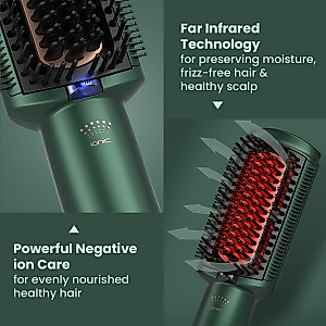 LENA Hair Straightener Brush Dryer PRO Blow Dryer Hot Air Brush - Anti-Scald Straightening Iron Comb Styler with Extra Ion Care, Far Infrared Heating and 3 Modes for Long & Medium Length Hair, Green
