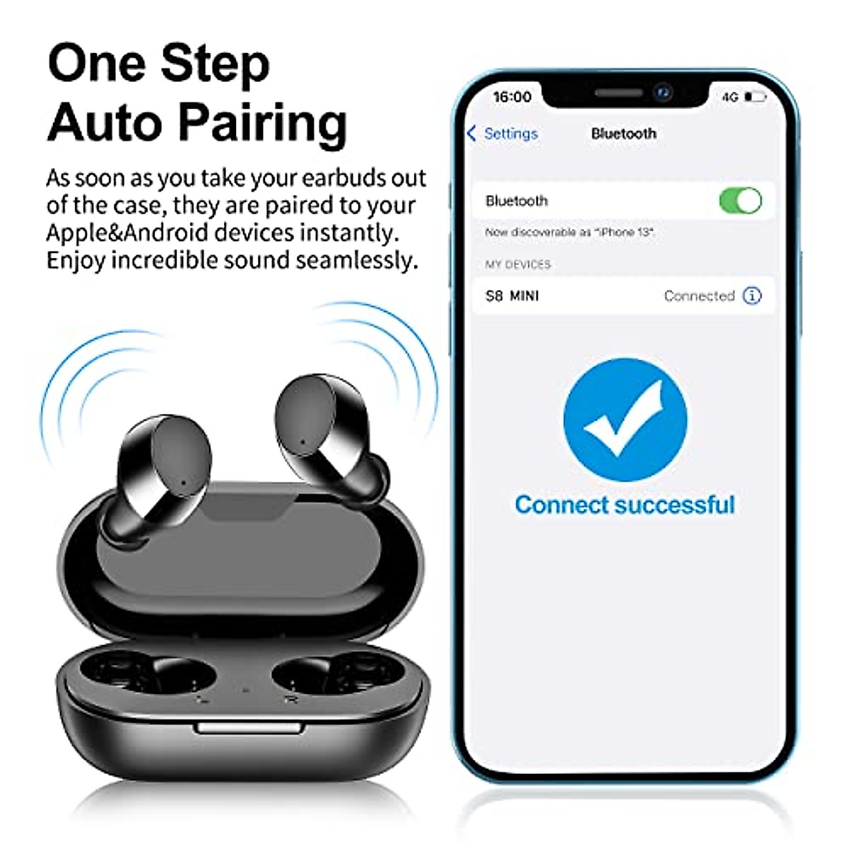 kurdene Bluetooth 5.2 Wireless Earbuds, S8 Mini [Small Ear] [Deep Bass Sound] 30H Playtime Call Clear Waterproof Earphones with Microphone in-Ear Headphones Comfortable for iPhone Android Sports