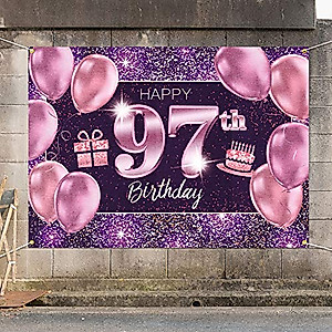PAKBOOM Happy 97th Birthday Banner Backdrop - 97 Birthday Party Decorations Supplies for Women - Pink Purple Gold 4 x 6ft