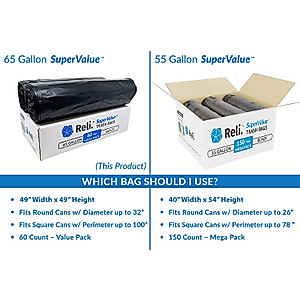 Reli. SuperValue 65 Gallon Trash Bags | 60 Count | Made in USA | Heavy Duty | Black Multi-Use Garbage Bags