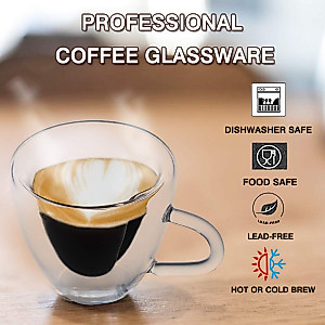 Kitchenexus Glass Espresso cups, Set of 2 5oz Double Wall Thermo Insulated Glass Espresso Shot Cups Set with Handle, Espresso Mug, Coffee Cups for Espresso and Cappuccino, Great Gift for Coffee Lover