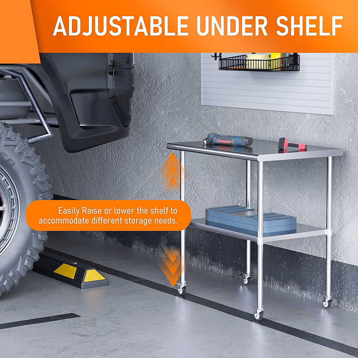 HOCCOT Stainless Steel Prep & Work Table with Adjustable Shelf, with Wheels, Kitchen Island, Commercial Workstations, Utility Table in Kitchen Garage Laundry Room Outdoor BBQ, 24" X 36"