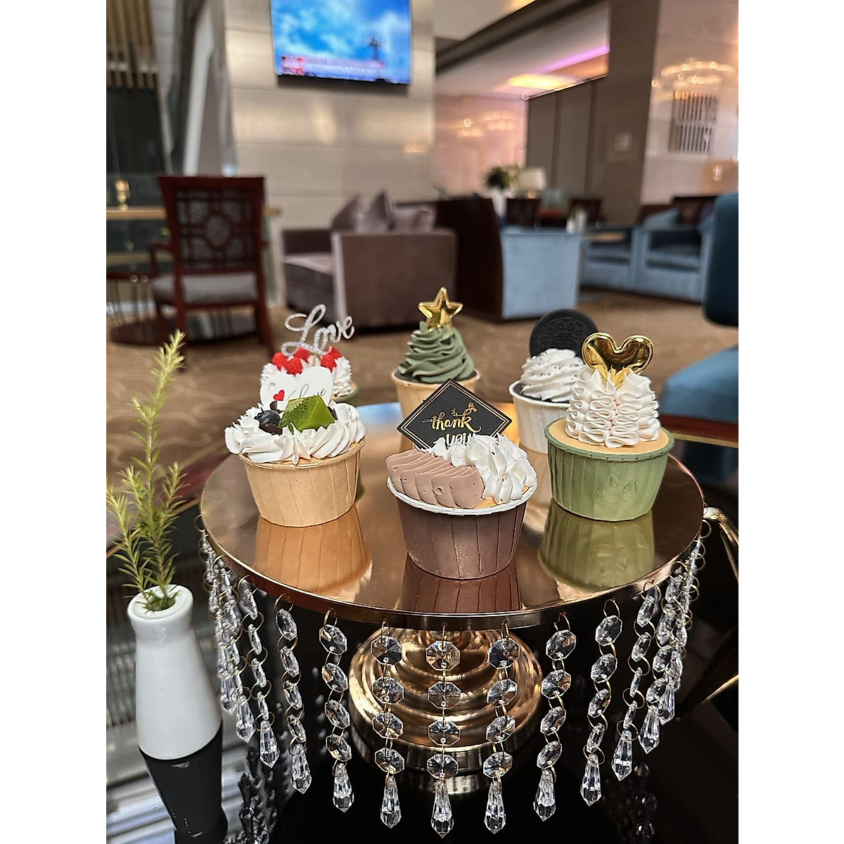 12" Gold Round Metal Pedestal Cake Serving Stand with Crystal Pendants, Dessert Cupcake Pastry Candy Display Plate with Hanging Acrylic Crystals for Wedding Event, Birthday Party(Gold, 12 Inch)