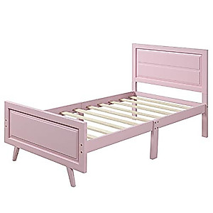 Wood Platform Bed Twin Bed Frame Mattress Foundation Sleigh Bed with Headboard/Footboard/Wood Slat Support,No Box Spring Needed (Pink)