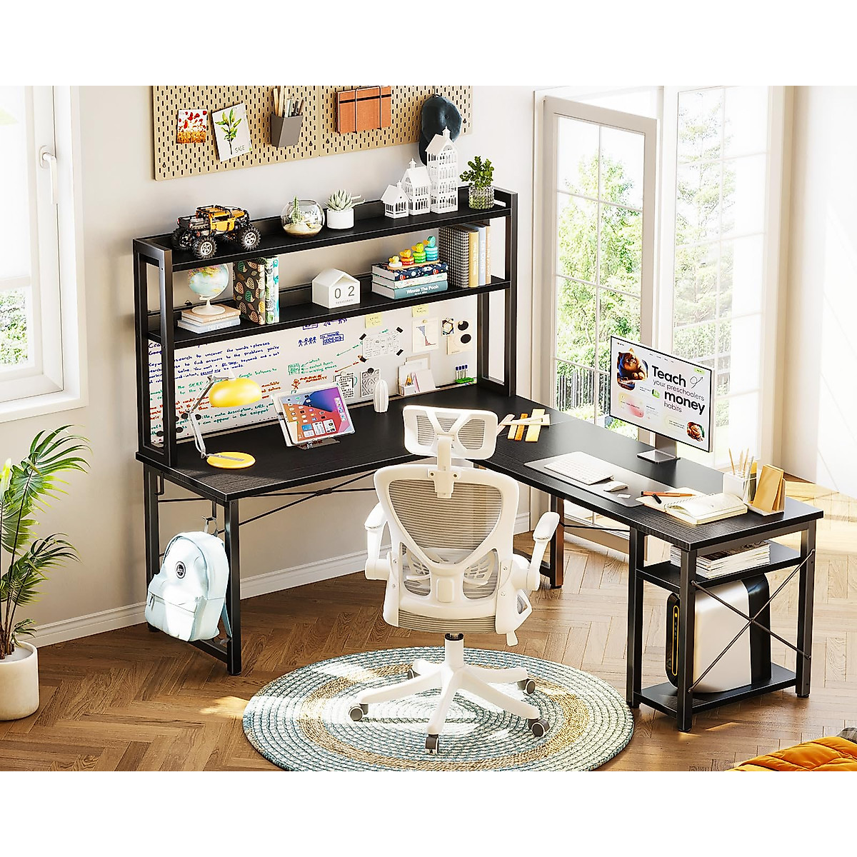 ODK L Shaped Gaming Desk with Hutch, Computer Desk with Storage Shelves, 59" L Shaped Desk for Home Office, Corner Desk with Headphone Hook, Black