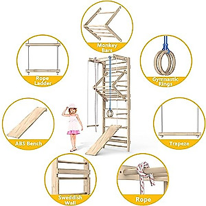 Jungle Gym, Wooden Swedish Wall Ladder Stall Bars Set, Indoor Playground Climbing Toys for Toddlers, Toddler Climbing Toys Indoor, Stall Bars for Exercise for All Family All Ages Training Stretching