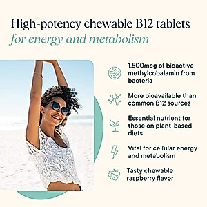 Ora Organic Vitamin B12 1500mcg - plant-based methylcobalamin for adults - Natural stimulant-free energy, Raspberry flavor chewable tablets, no added sugar - 30 tablets