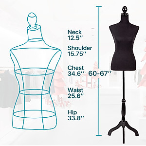 Hkeli Female Mannequin Torso Dress Form Standing Manikin Body 60”-67” Inch with Tripod Stand Height Adjustable Mannequin Body for Sewing Dress Jewelry Display Women, Black