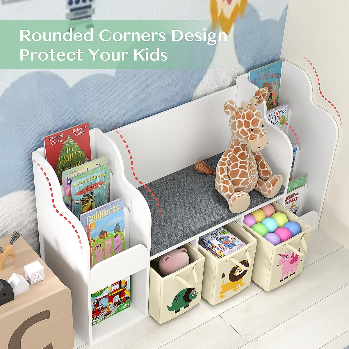 Jiansu furni,Kids Bookshelf with Reading Nook,Toy Storage Organizer with Seat Cushion,Kids Reading Nook with Bench for Playroom,Bedroom and Living Room,White