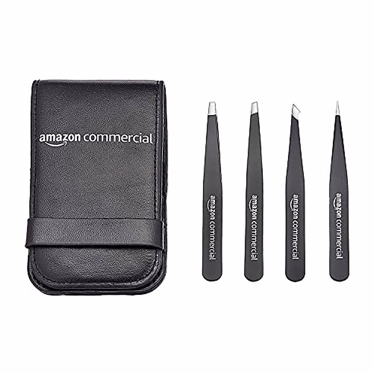 AmazonCommercial Eyebrow Tweezers, Stainless Steel Slant Tweezer Set and Pointed Hair Removal Tweezers, Precision Tweezers for Ingrown Hair, Eyebrows Plucking, 4-Pack
