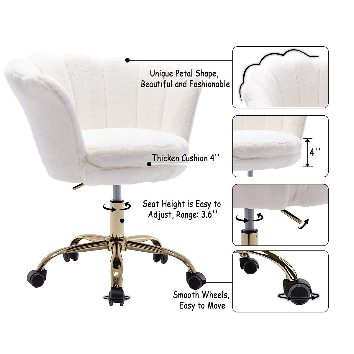 White Desk Chair Fluffy Task Vanity Chair Home Office Chair Adjustable Rolling Swivel Chair with Wheels for Teens Adults Bedroom Study Room, Faux Fur