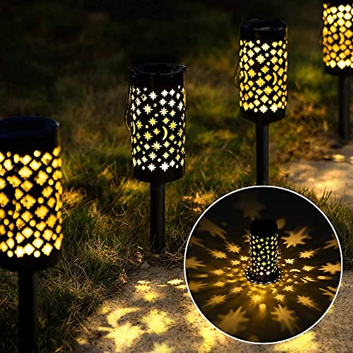 GIGALUMI 6 Pack Solar Lights Outdoor Hanging Lanterns, Metal Star Moon Lantern Lights Decorative with Stakes, Patio Decor Lanterns Outdoor Waterproof for Garden, Yard, Tree, Pathways (Warm White)