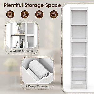 LOKO Tall Bathroom Storage Cabinet, Wooden Slim Bathroom Cabinet with Anti-toppling Device, Tall Narrow Storage Cabinet with 2 Removable Drawers, White