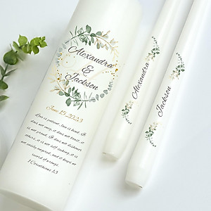 Unity Candles for Wedding, Unity Set, Custom and Personalized Pillar and Taper Candles with Bible Quote, Unscented White Premium Wax, Religious and Wedding Ceremony, Special Events (Zinnia)