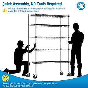 Wire Shelving with Wheels, 48x18x72 Inch, 3000 Lbs Storage Shelves Heavy Duty, Commercial-Grade Adjustable Utility Shelf, NSF-Certified Metal Storage Rack with Shelf Liners, 5-Tier, Matte Black