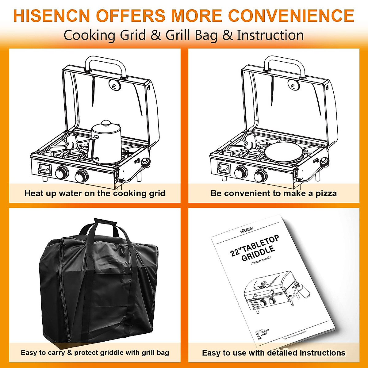 Hisencn Portable Flat Top Grill and Portable Grill Cart Folding Cart Outdoor Griddle Stand Shelf, Nonstick Camping Griddle 348 sq. in. 24000 BTUs Griddle for Tabletop Gas Grill, 22 Inch with Hood