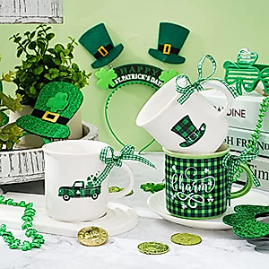 Whaline 6Pcs St. Patrick's Day Mini Coffee Mug with Ribbon Green Black Plaid Shamrock Hat Truck Mini Mug Irish Holiday Tiered Tray Decor for Holiday Table Centerpieces Decor Housewarming Gift