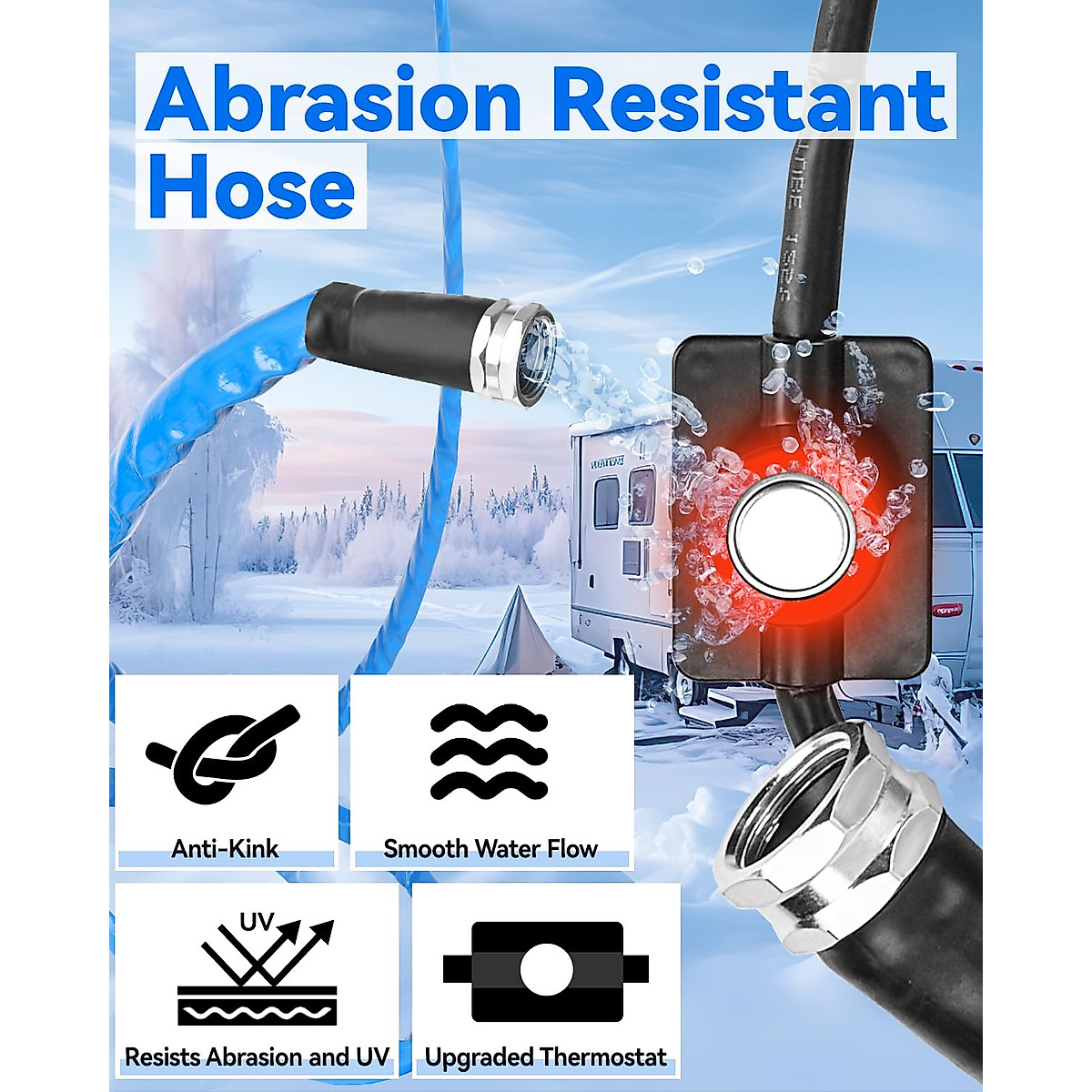 YIZBAP 15FT RV Heated Drinking Water Hose for 5/8" Inner Diameter, Freeze Protection Down to -20°F/-28°C with Energy Saving Thermostat, Includes 3/4" Adapter