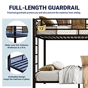 Allewie Twin Over Twin Bunk Bed with Rustic Wooden Accents, Sturdy Metal Frame, Space-Saving Design, Noise-Free, Black