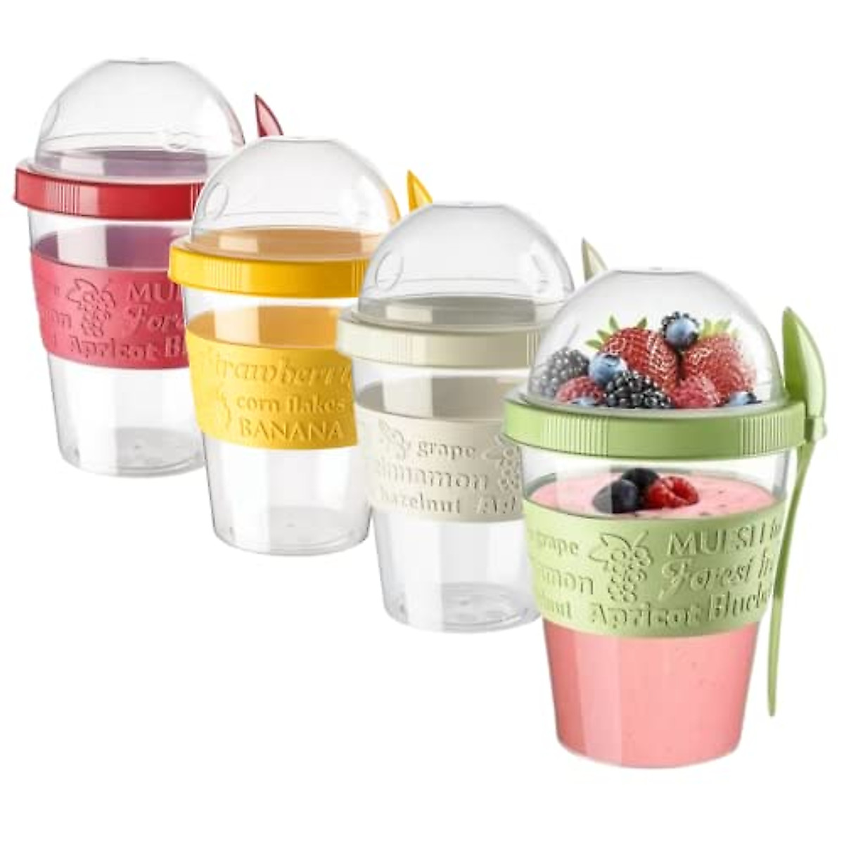 EYNEL 4 Pack On The Go Cereal Yogurt Cups with Lids and Spoon, Overnight Oats Container, Reusable Parfait Plastic Milk Jar Breakfast Crunch Granola Oatmeal Smoothie Snack Prep Bowl (4 Colors Set)