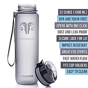 Embrava Best Sports Water Bottle - 32oz Large - Fast Flow, Flip Top Leak Proof Lid w/One Click Open - Non-Toxic BPA Free & Eco-Friendly Plastic - For Men & Women