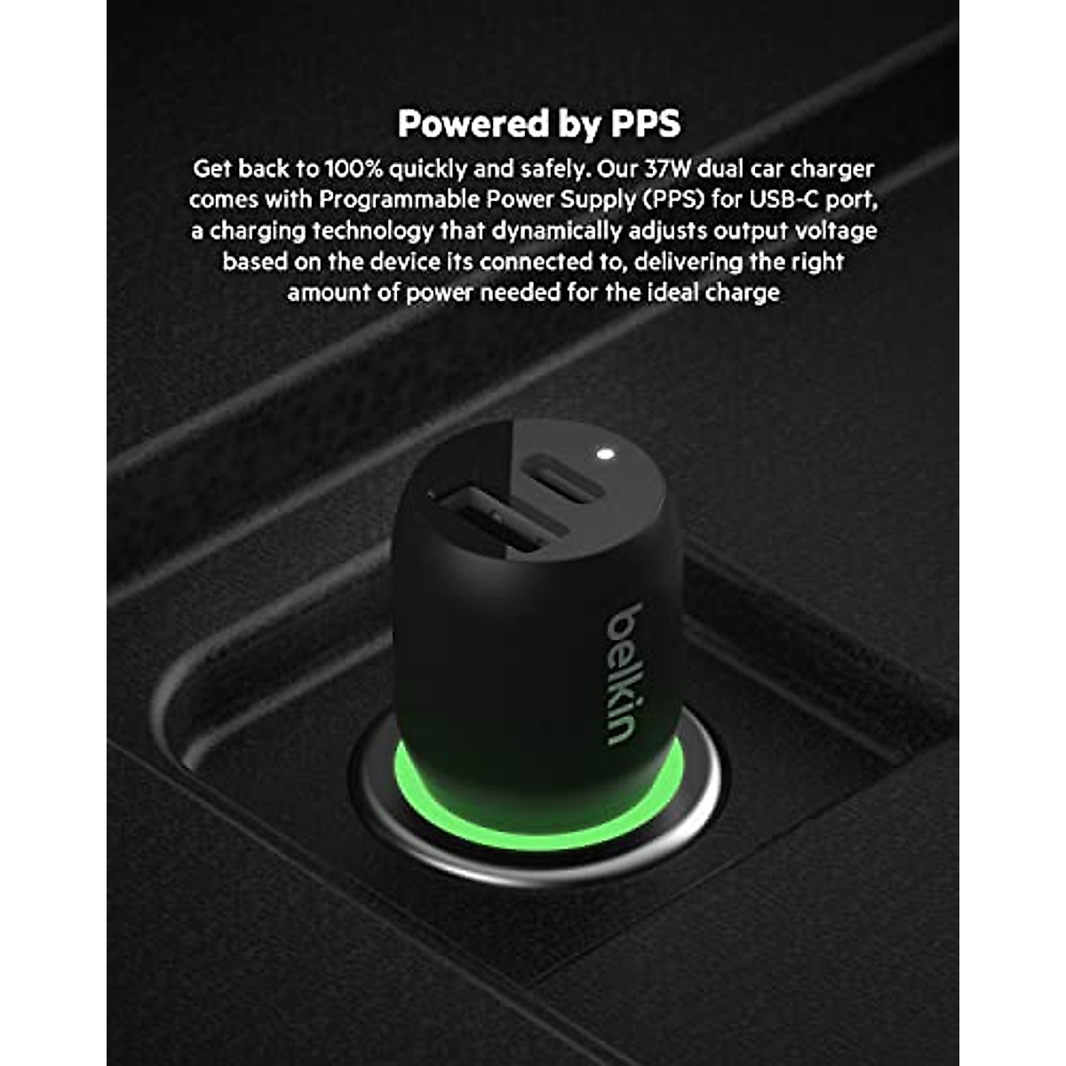 Belkin 37 Watt Dual USB Car Charger - Power Delivery 25W USB C Port & 12W USB A Port for PPS Charging Apple iPhone 14, 14 Pro, 14 Pro Max, iPhone 13, Samsung Galaxy, AirPods & More