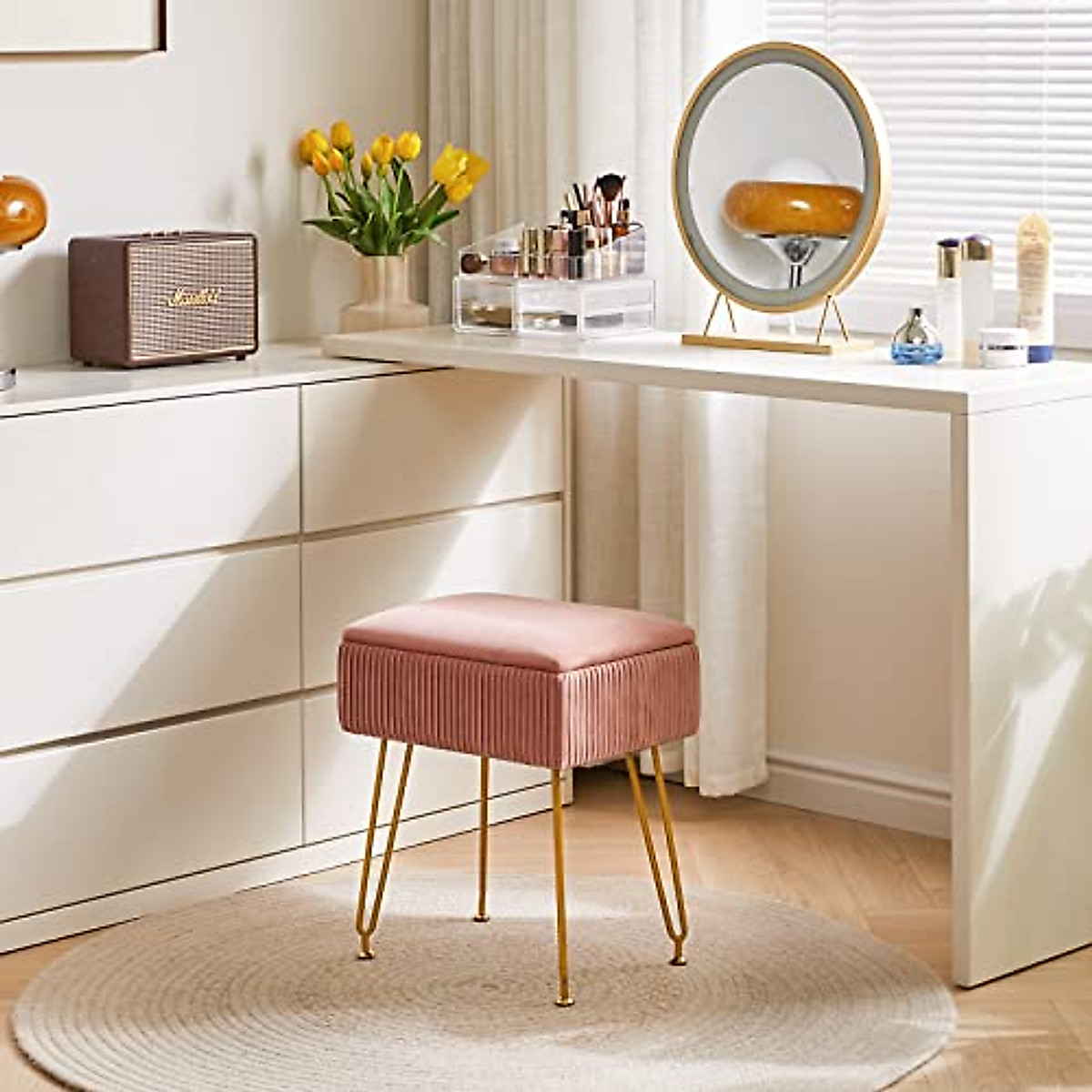 YMYNY Vanity Stool Chair with Storage, Square Velvet Ottoman Foot Stool, Modern Multifunctional Makeup Stool for Bedroom, Living Room, Office, Gold Legs, 18.9 * 15.75 * 11.6", Pink, UHBD024P