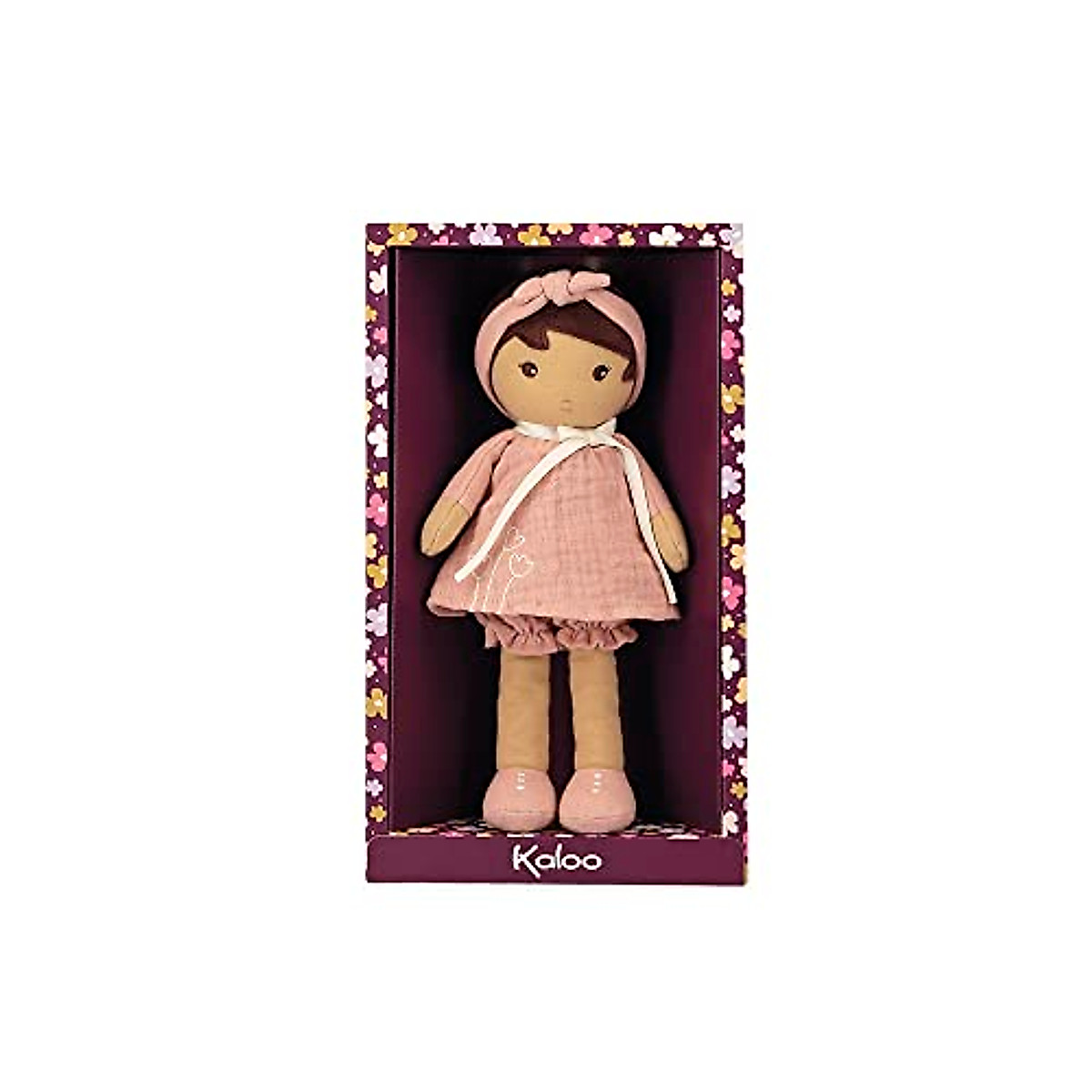 Kaloo Tendresse - My First Fabric Doll Amadine 10” Tall - Brown Hair and Pink Linen Dress - Washable - Ages 0+ - K200004