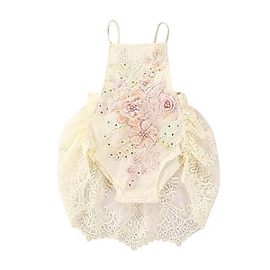 Easisim Newborn Infant Baby Girl Clothes Lace Embroidery Halter Backless Romper Jumpsuit Bodysuit Outfits (Beige,12-18 Months)