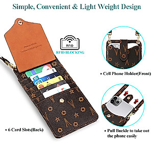 Peacocktion Small Crossbody Cell Phone Purse for Women, Lightweight Mini Shoulder Bag Wallet with Credit Card Slots (Brown Flora)