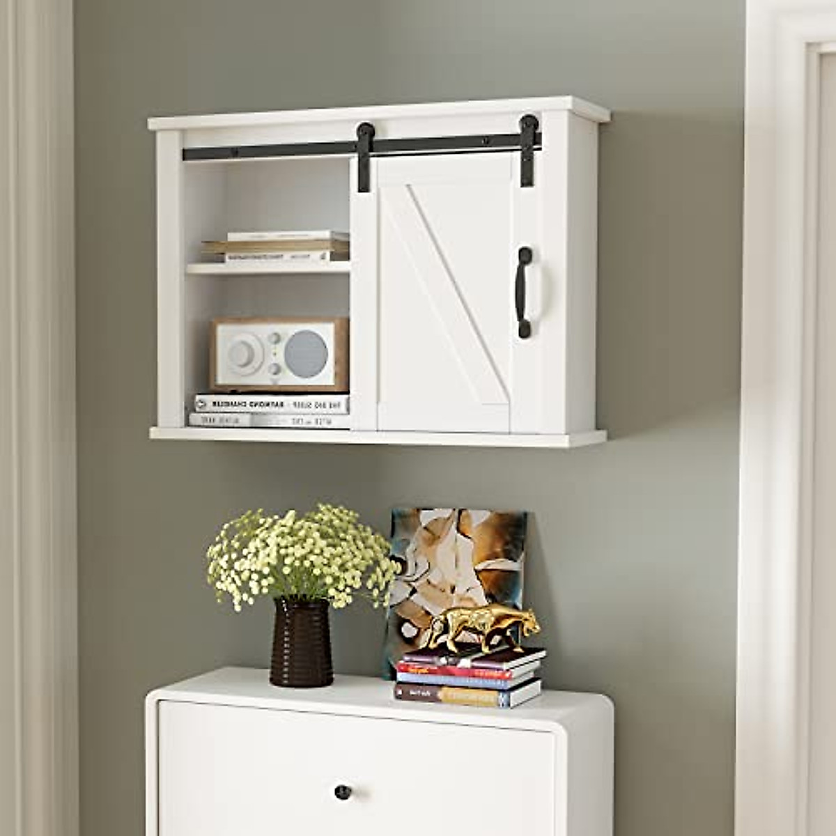 LOKO Rustic Medicine Cabinet with Sliding Barn Door, Bathroom Cabinet Wall Mounted with Adjustable Shelves, Small Bathroom Wall Cabinet Over Toilet, 8 x 27.5 x 20 inches, White