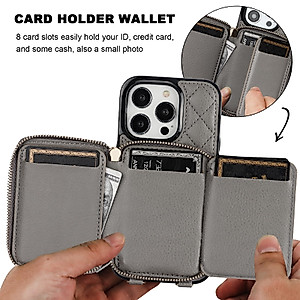 Bocasal Crossbody Wallet Case for iPhone 14 Pro, RFID Blocking PU Leather Zipper Handbag Purse Flip Cover, Kickstand Folio Case with Card Slots Holder Wrist Strap Lanyard 5G 6.1 Inch (Grey)